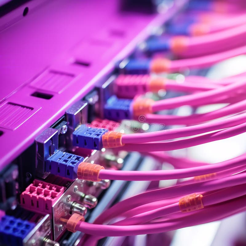 Pink Fiber Optic Cables Connected To a Purple Server Rack: High-Tech ...