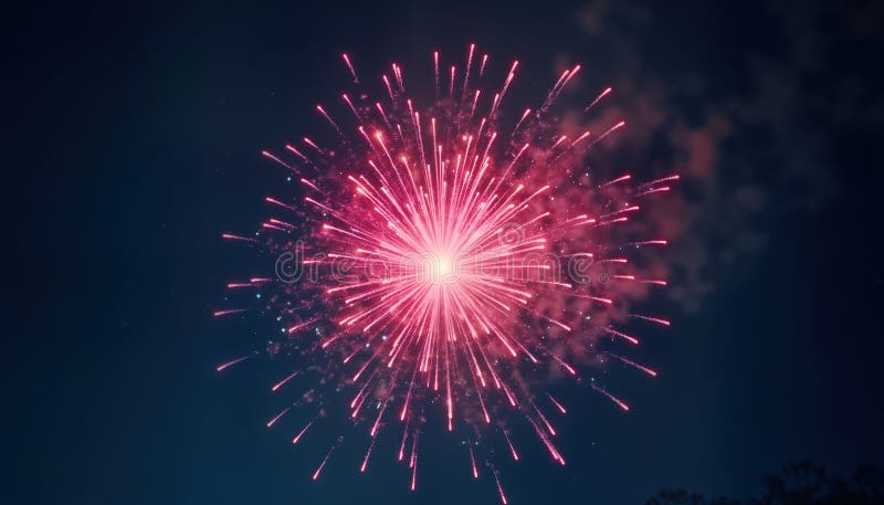Pink Fireworks Explode Dramatically in Dark Blue Night Sky. Festive ...