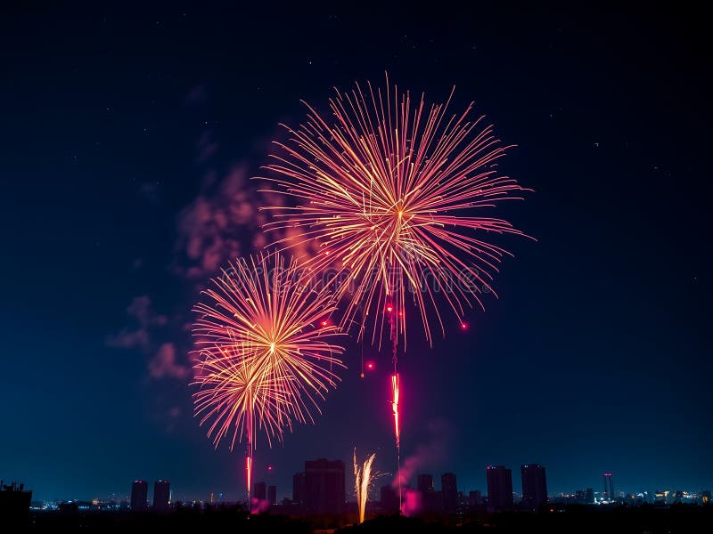 Pink Fireworks Explode Over City Skyline at Night Stock Photo - Image ...
