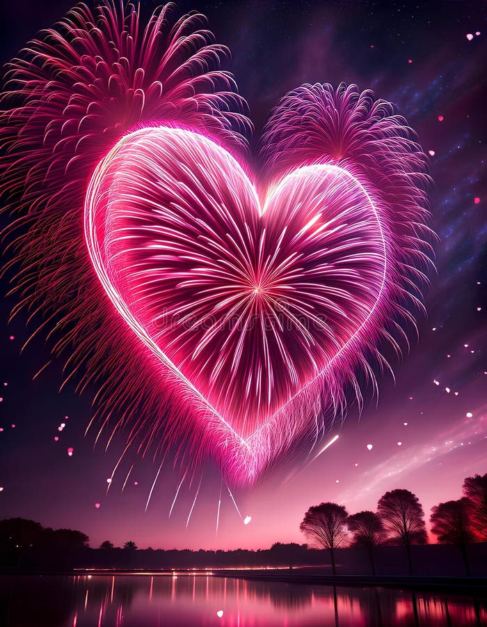 Pink Fireworks Exploding in Heart Shape Over Lake at Night Stock Photo - Image of anniversary ...