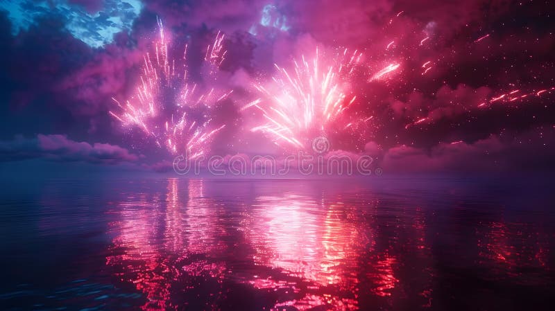 Pink Fireworks Night Sky Water Reflection 3D Illustration Stock ...