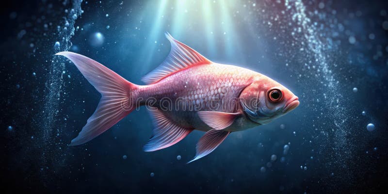 A Pink Fish Swims Gracefully through the Ocean Depths, Illuminated by a ...