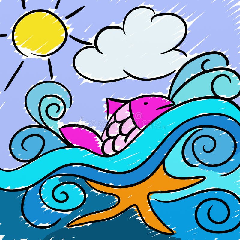 Pink fish in the waves stock illustration. Illustration of pink - 47074582
