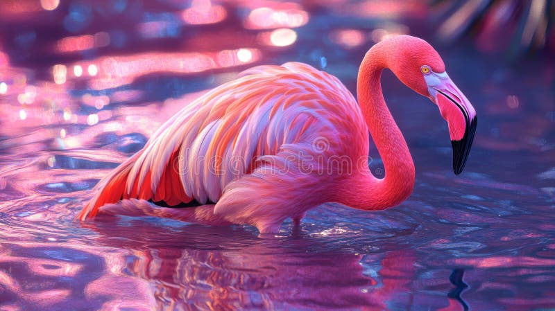 Pink Flamingo in Glowing Water Stock Illustration - Illustration of ...