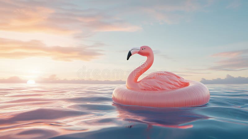 Pink Flamingo Inflatable Float on Calm Ocean at Sunset Stock Illustration - Illustration of ...