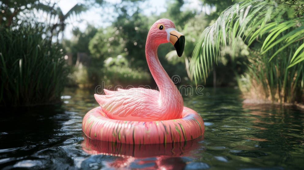 Pink Flamingo Inflatable Pool Float in Tropical Setting Stock ...