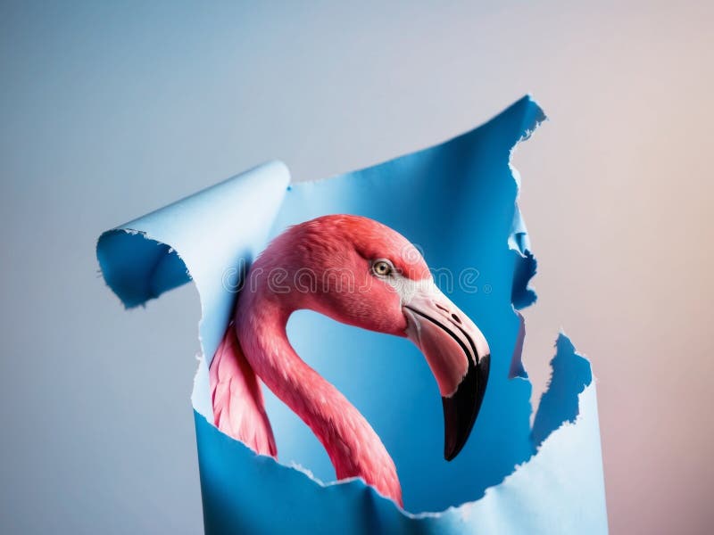 Pink Flamingo Peeking through Torn Blue Paper with a Curious Expression ...