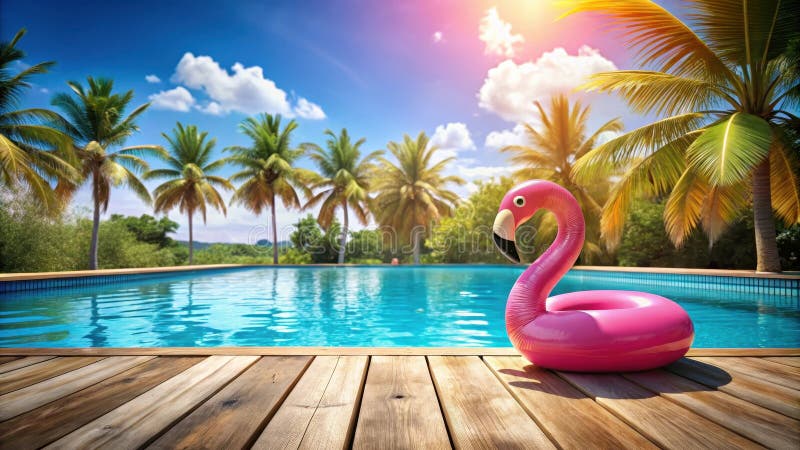 Pink Flamingo Pool Float by the Tropical Pool Deck. Generative AI Stock ...