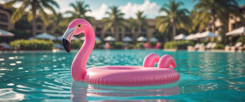Pink Flamingo Pool Float in a Tropical Resort Pool. Stock Image - Image ...