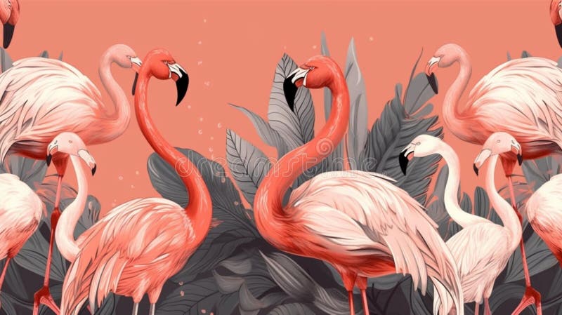 Pink Flamingo Seamless Pattern Collage on Green Background Stock ...