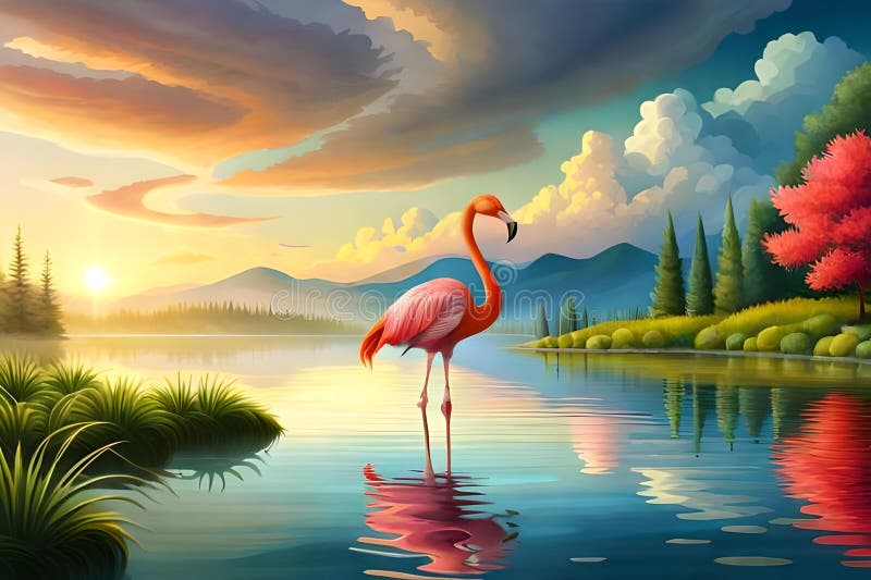 A Pink Flamingo Standing in the Lake, Digital Art Stock Illustration ...