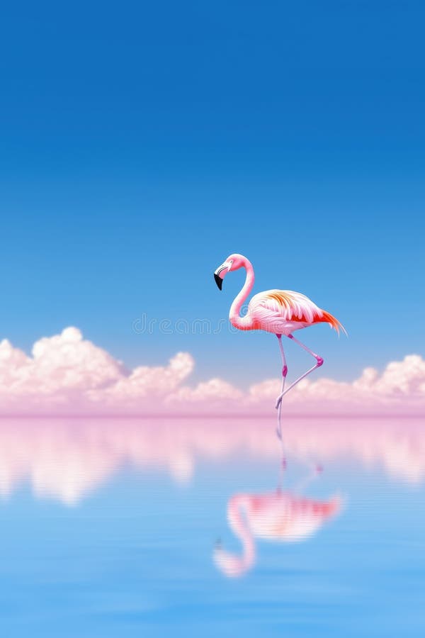 A Pink Flamingo Standing on One Leg in Water. Stock Illustration ...