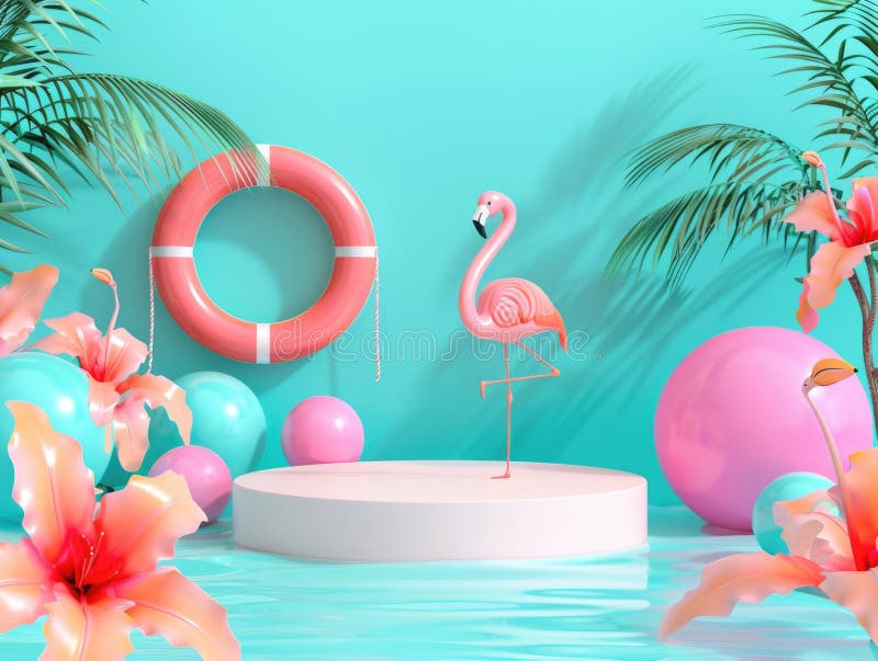 A Pink Flamingo Standing on a Platform in a Pool Stock Photo - Image of ...