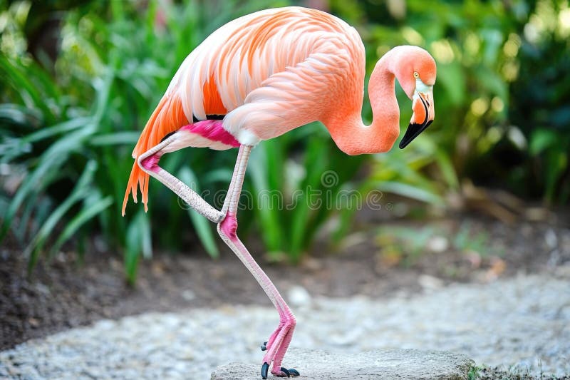 A Pink Flamingo Standing on a Rock in a Garden Stock Image - Image of ...
