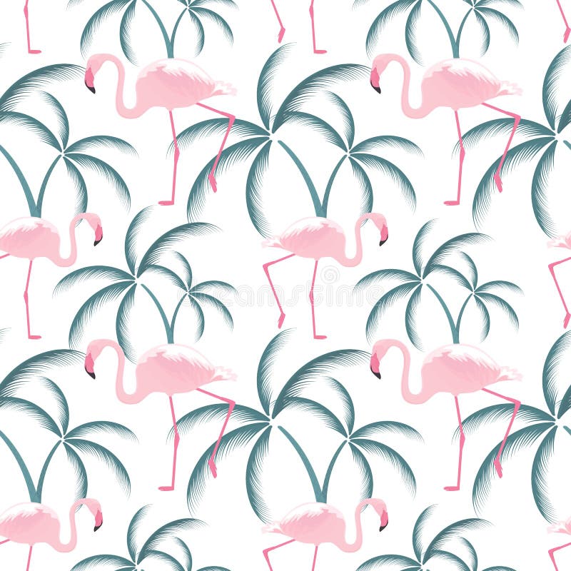 A Pink Flamingo Stands Near a Palm Tree. Seamless Pattern. Stock ... A Pink Flamingo Stands Near a Palm Tree. Seamless Pattern. Stock ...