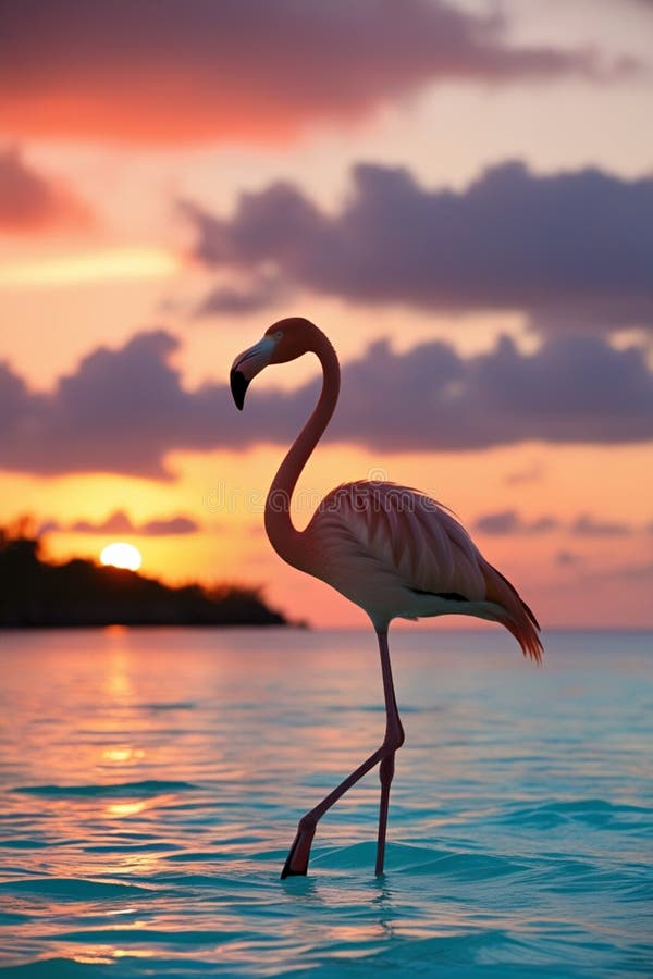 Pink flamingo at sunset stock illustration. Illustration of pink ...
