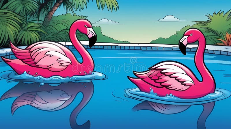 A Pink Flamingo Swims in the Pool. Illustration Stock Illustration ...