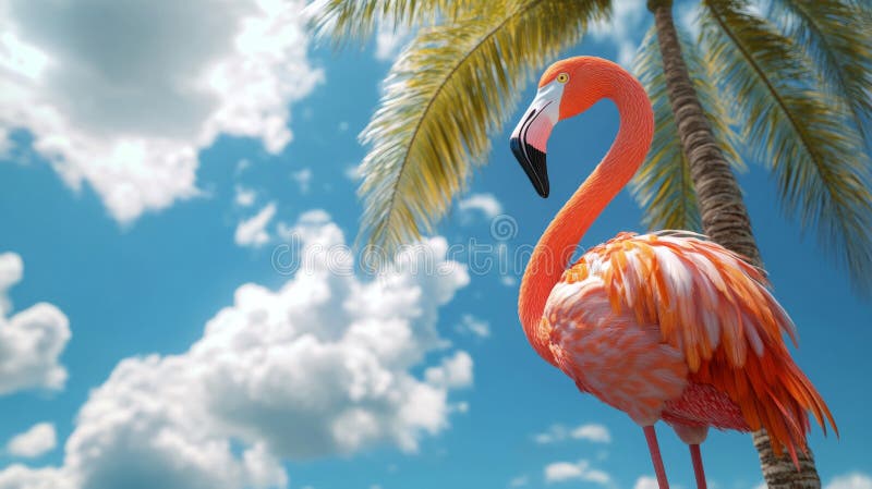 Pink Flamingo Under Palm Tree, Bright Sunny Day Stock Illustration ...