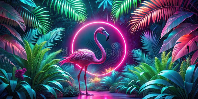 Pink Flamingo in a Vibrant Neon Tropical Paradise Setting. Generative ...
