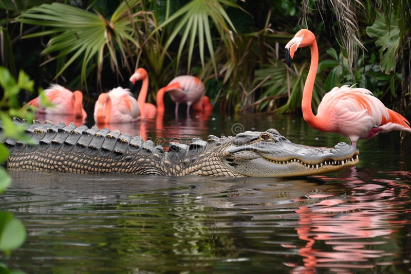 Pink Flamingos and an Alligator in the Water, AI-generated. Stock Photo ...