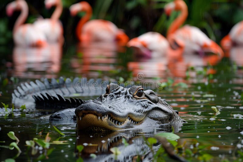 Pink Flamingos and an Alligator in the Water, AI-generated. Stock Photo ...