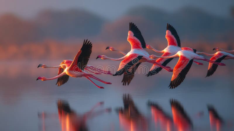 Pink Flamingos in Flight at Dawn Stock Illustration - Illustration of ...