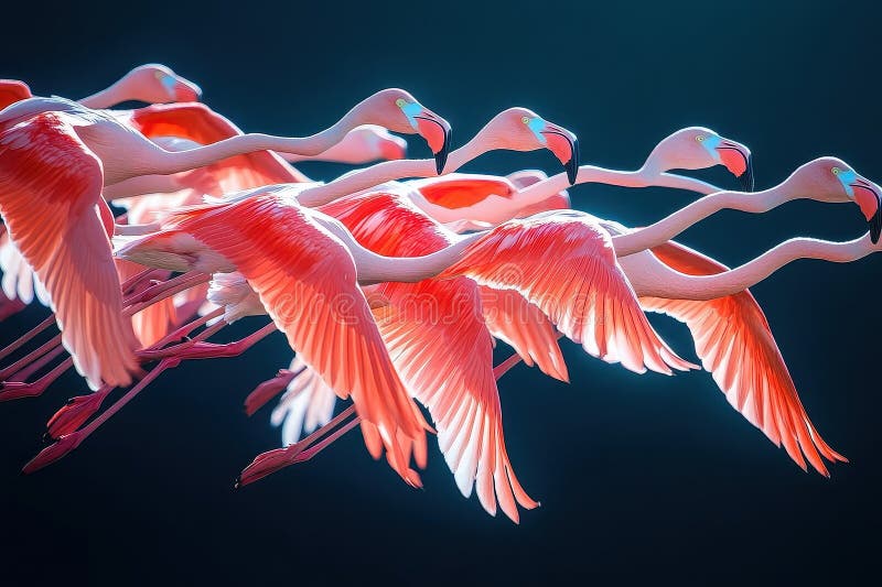Pink Flamingos in Flight, a Stunning Formation Stock Illustration ...