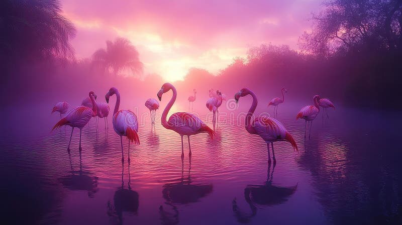Pink Flamingos in a Purple Sunset Stock Illustration - Illustration of ...