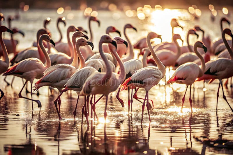 Pink Flamingos Wading in Shallows at Sunset Stock Illustration ...