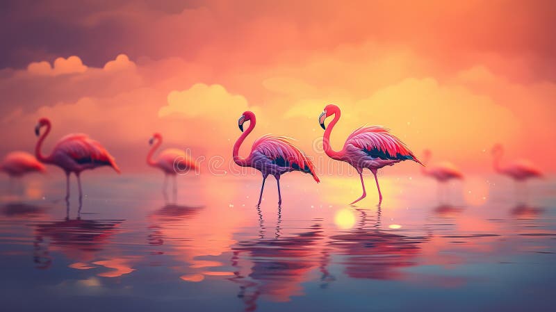 Pink Flamingos in the Water on the Background of Sunset Stock ...
