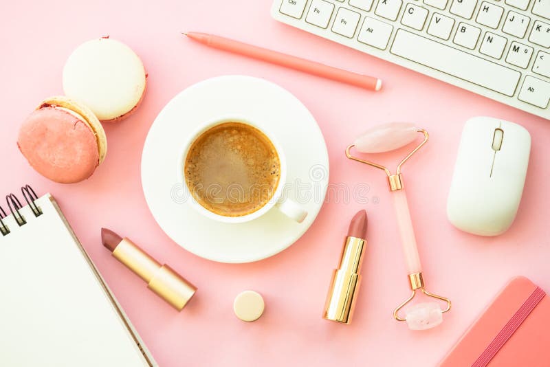 Pink Flat Lay Background with Keyboard, Coffee Cup, Macaroons and ...