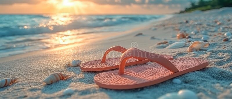 Pink Flip-flops on Sandy Beach at Sunset with Seashells Stock Photo ...