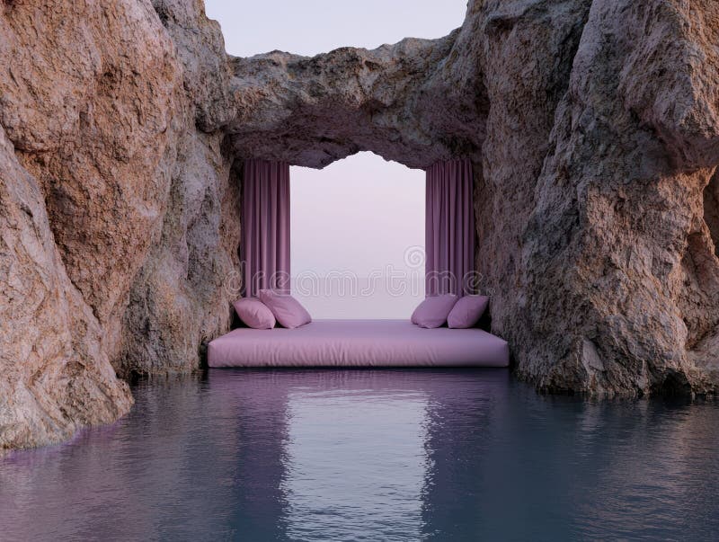 Pink Floating Bed in a Secluded Rock Cave Cove Stock Illustration ...