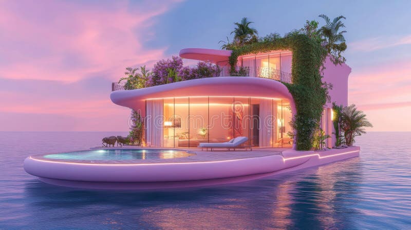 Pink Floating Villa at Sunset Stock Illustration - Illustration of calm ...