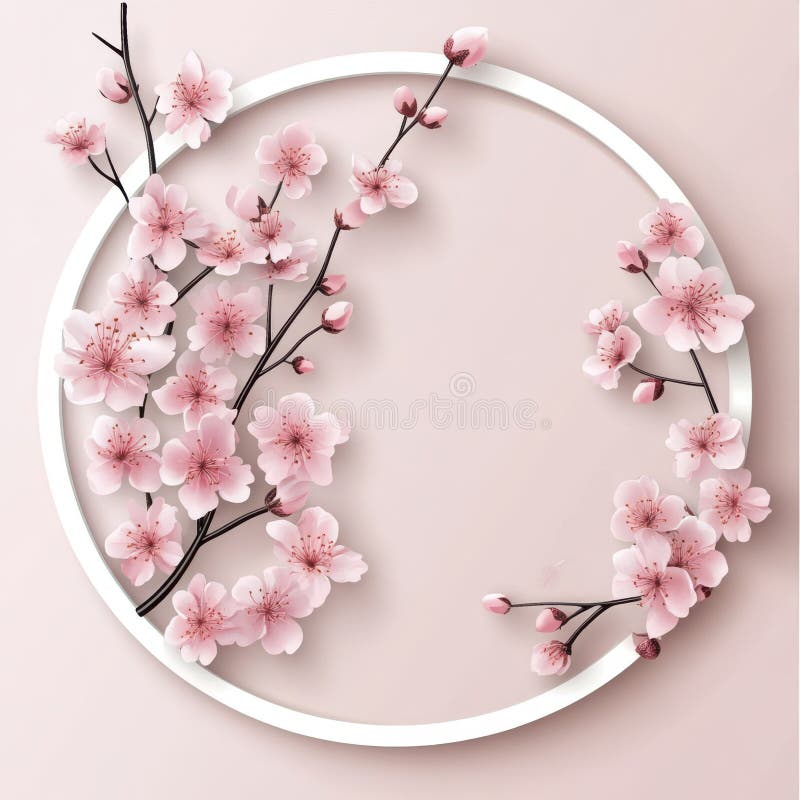 Pink Floral Cherry Blossom Frame with White Circle Shape Vector ...