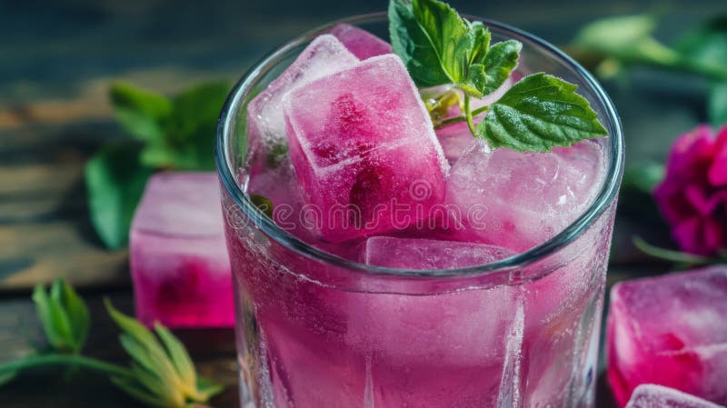 Pink Floral Cocktail with Ice Cubes and Mint Stock Illustration ...