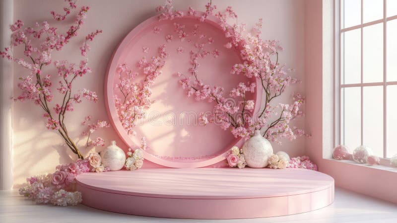 Pink Floral Display with Circular Backdrop and Stage Stock Illustration ...