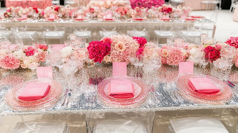 Pink Floral Wedding Reception Tablescape, Event Hall Stock Image ...