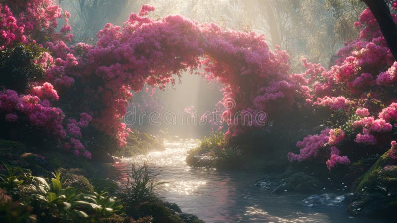 Pink Flower Archway Over Misty Forest Stream Stock Illustration ...