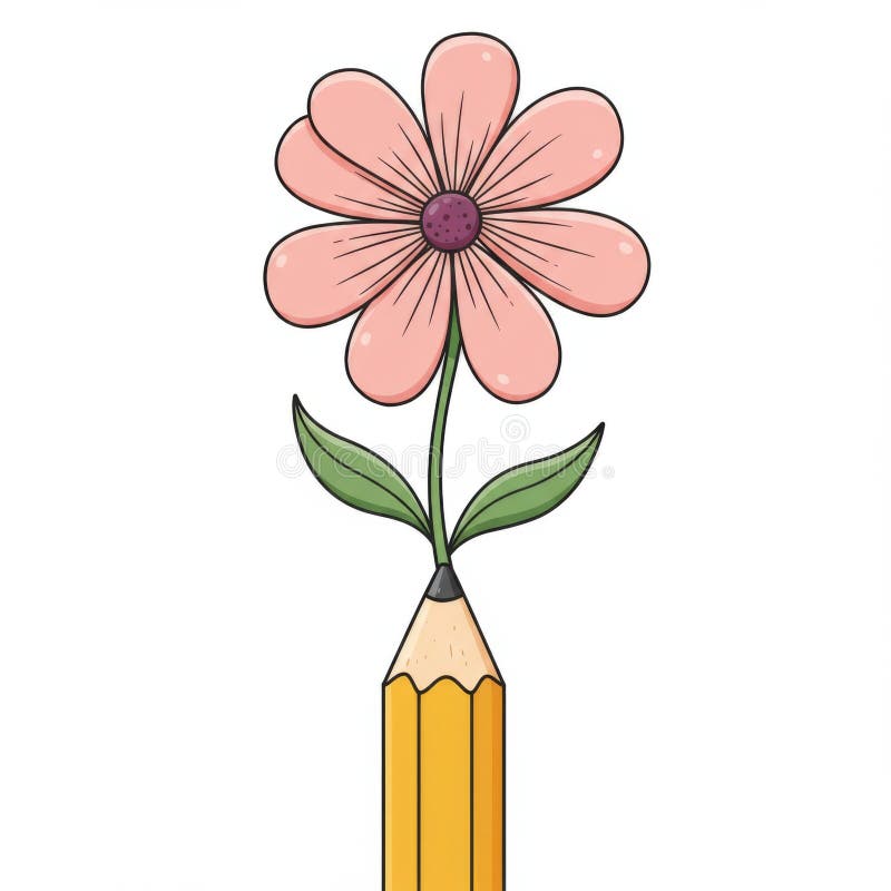 Pink Flower Blooming from Yellow Pencil Drawing Stock Illustration ...