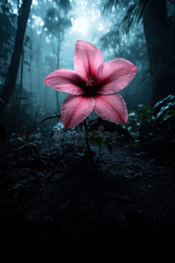 A Pink Flower Blooms in a Dark and Misty Forest. Stock Illustration ...