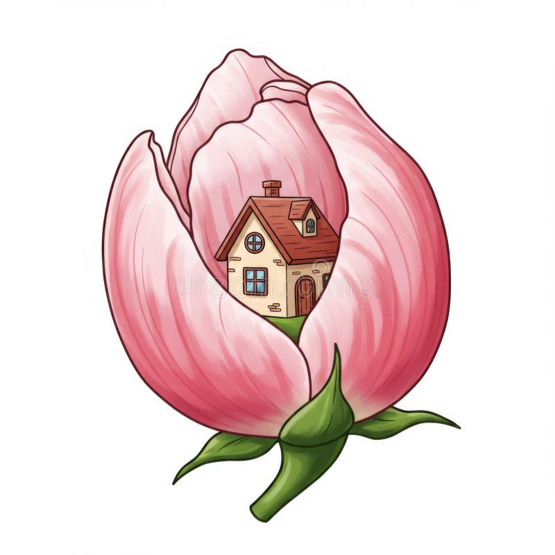 Pink Flower Bud Enclosing Small House Illustration Stock Illustration ...