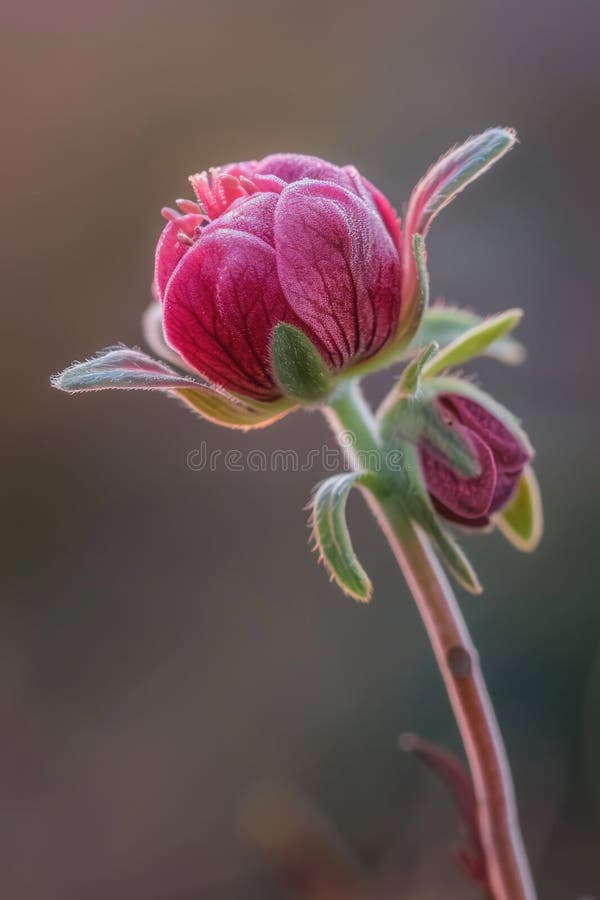 A Pink Flower is Budding Out of a Stem, with Green Leaves and a White ...