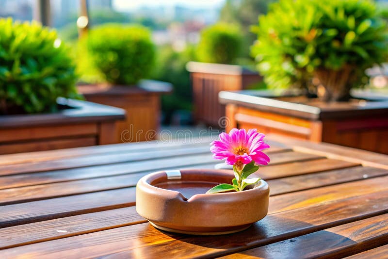 "Pink Flower and Ceramic Ashtray on Wooden Terrace Table Stock ...