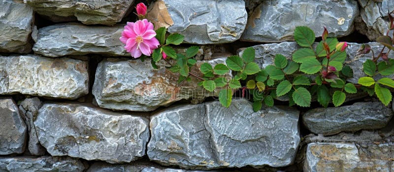 Pink Flower Emerging from Stone Wall Stock Photo - Image of fresh ...