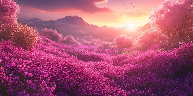 Pink Flower Field Sunset Landscape Nature Background Image Stock ...