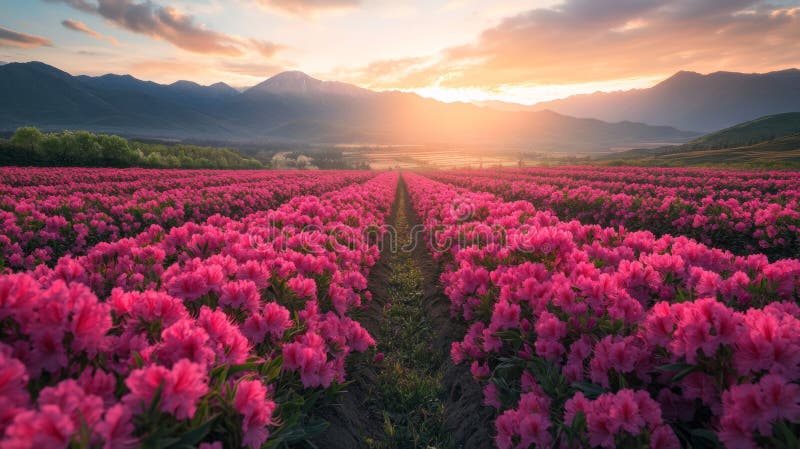 Pink Flower Field at Sunset with Mountain Range in Background Stock ...