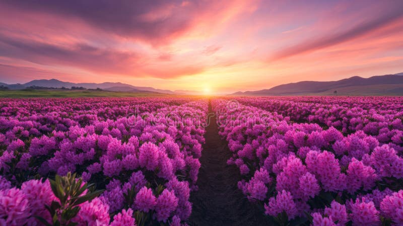 Pink Flower Field at Sunset with a Path Dividing the Field Stock ...