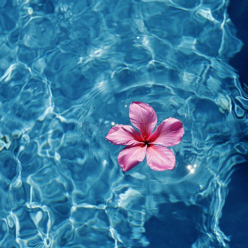 Pink Flower Floating on Blue Water Surface Creating Ripple Effects in ...