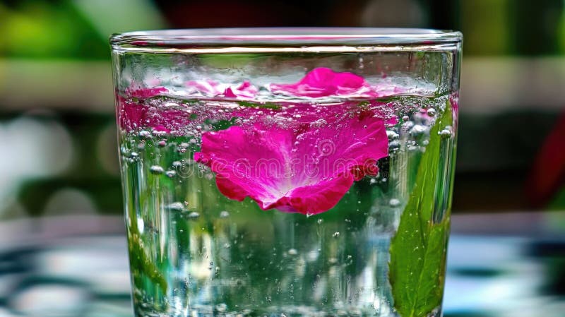 Pink Flower Floating Glass Sparkling Water Green Leaf Stock Photos ...
